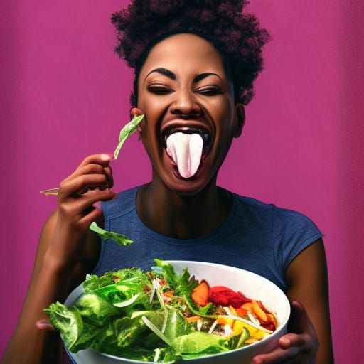 Woman laughing eating salad - AI Generated Artwork - NightCafe Creator