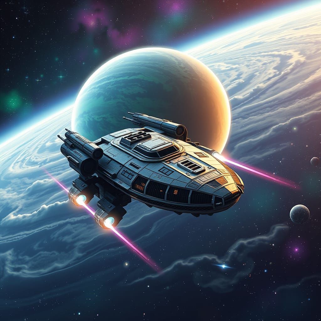 Epic Spacecraft Majestically Orbits Vibrant Alien ... - AI Art