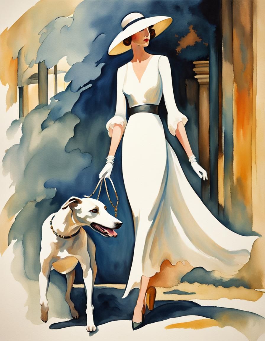Elegant woman in a flowing white gown, walking with a greyhound dog ...