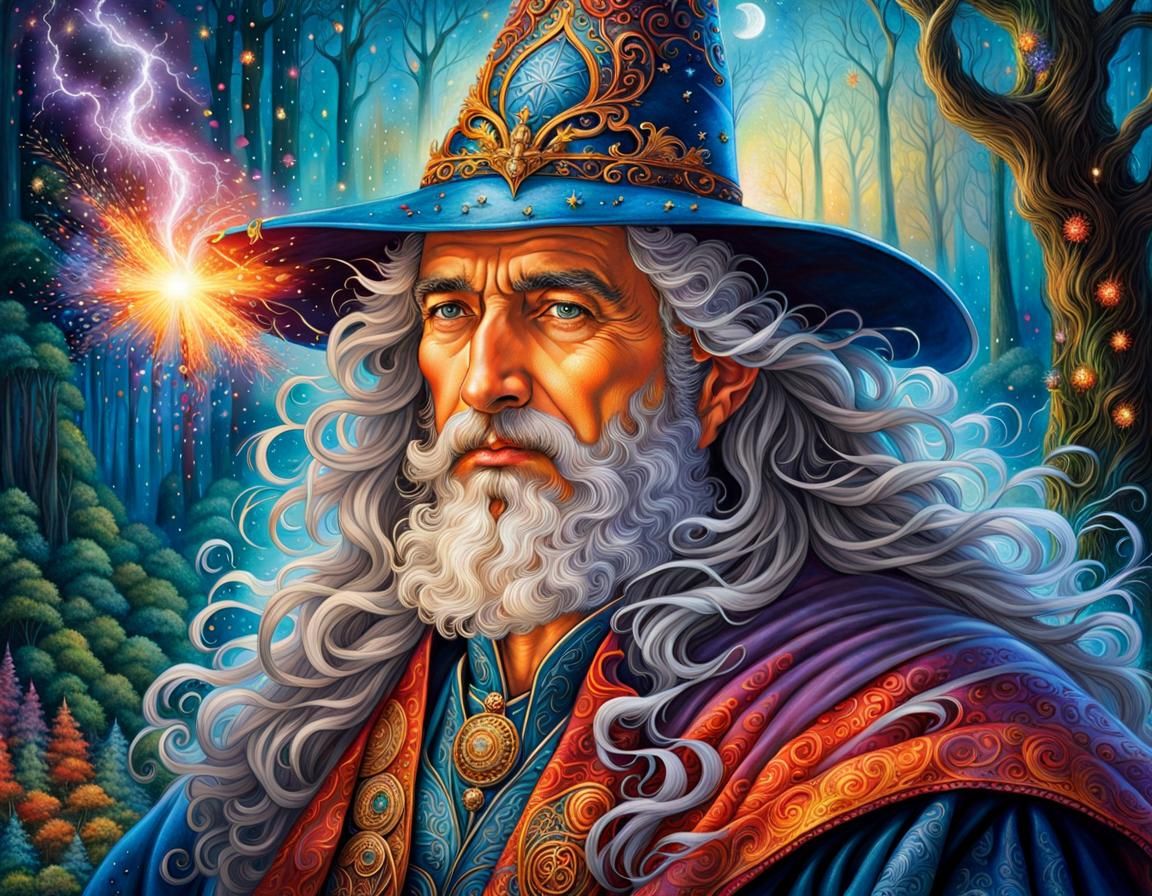 Closeup head and shoulders portrait of a handsome wizard with magical ...