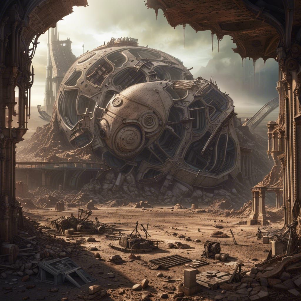 Ruins of ancient alien machinery on a devastated planet, matte painting ...