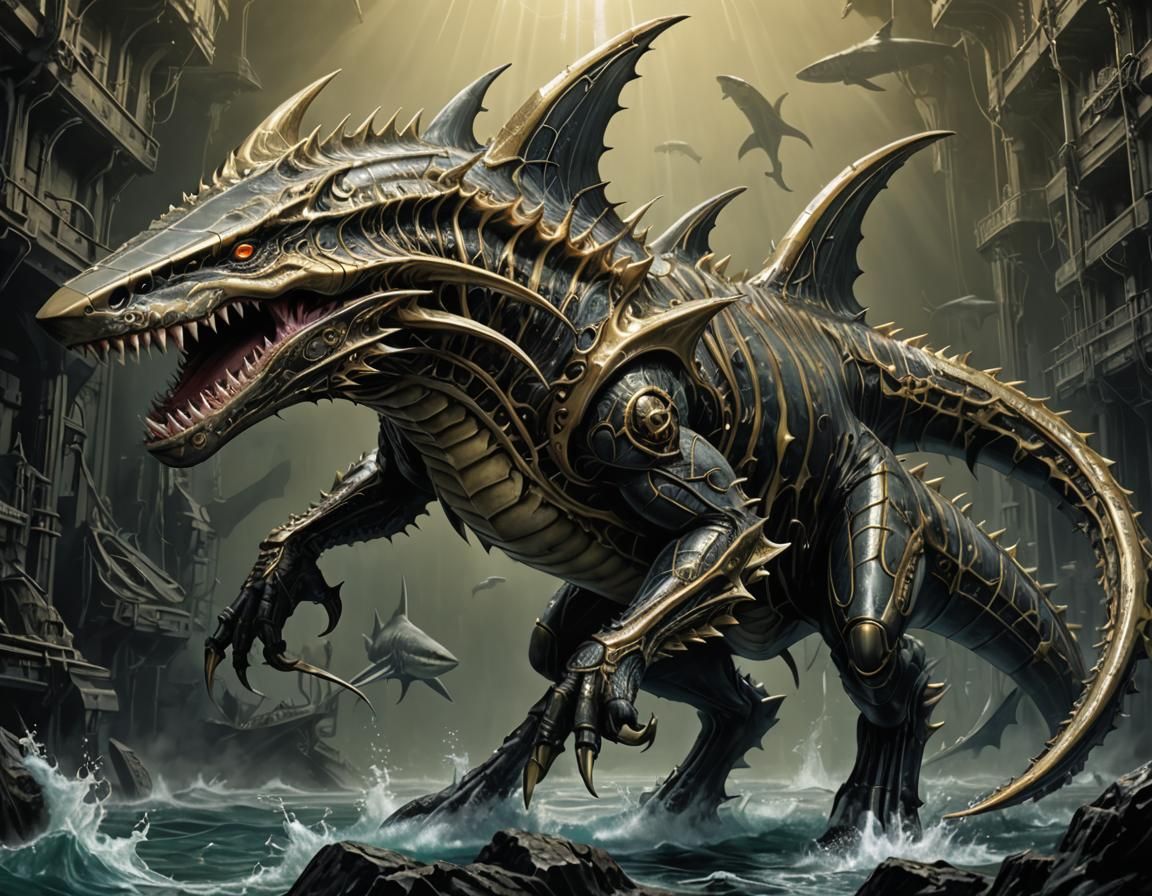 armored neon dragon shark by todd mcfarlane, masami kurumada and h.r ...