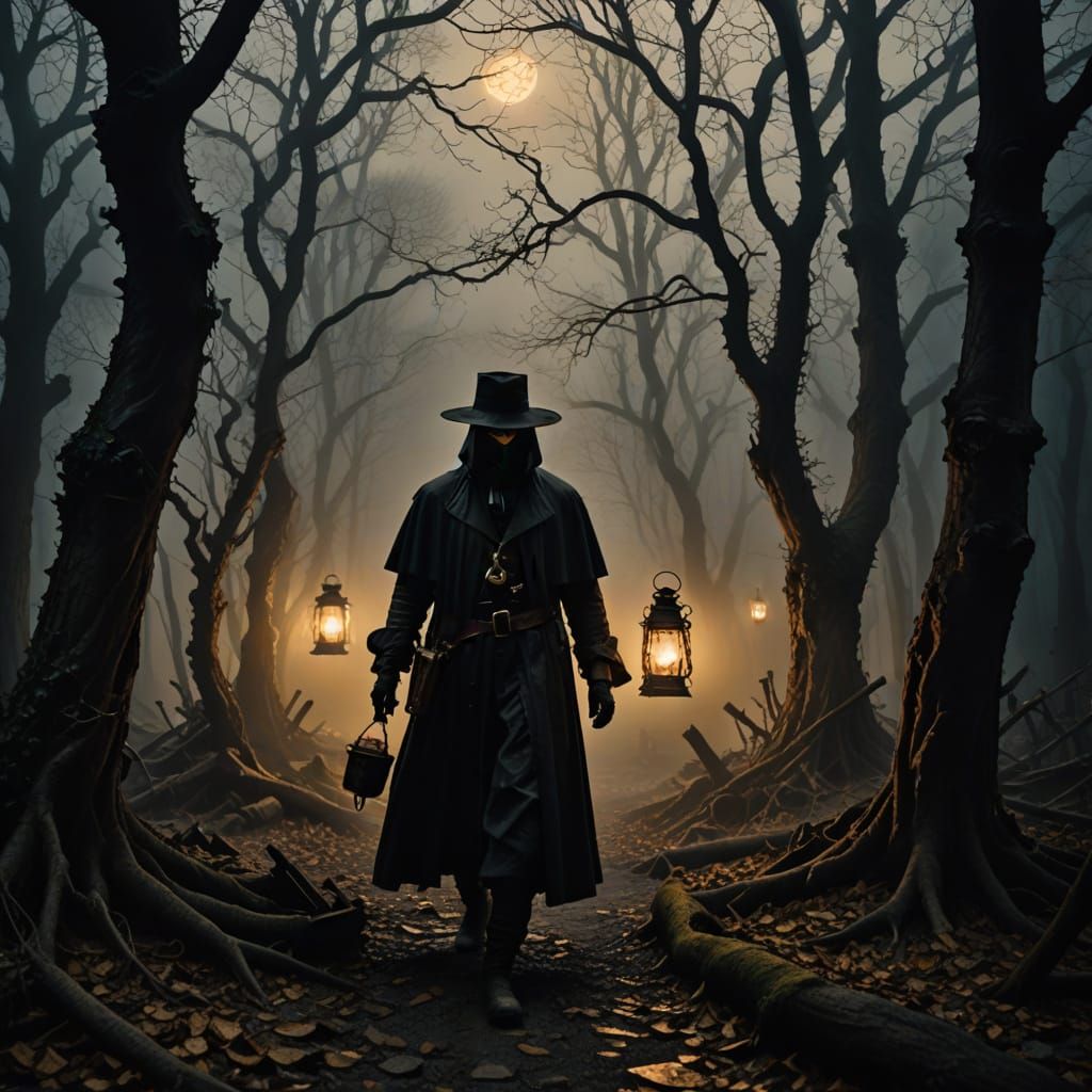 Baroque Plague Doctor in Moonlit Forest - AI Art