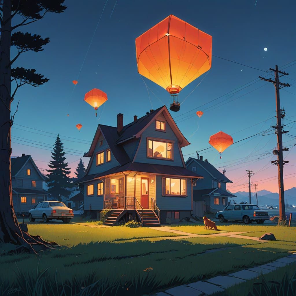 Surreal Kites Dance in the Sky, Illuminating a Coz... - AI Art