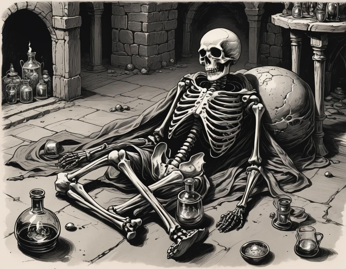 a sketch of a sleeping skeleton on the floor in a medieval fantasy ...