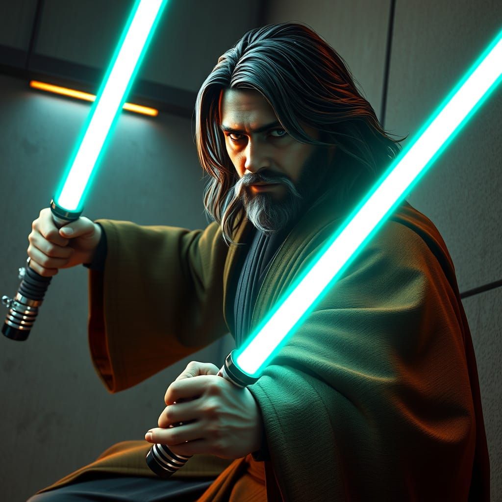 Jedi Master Trains Young Padawan in High-Tech Jump... - AI Art