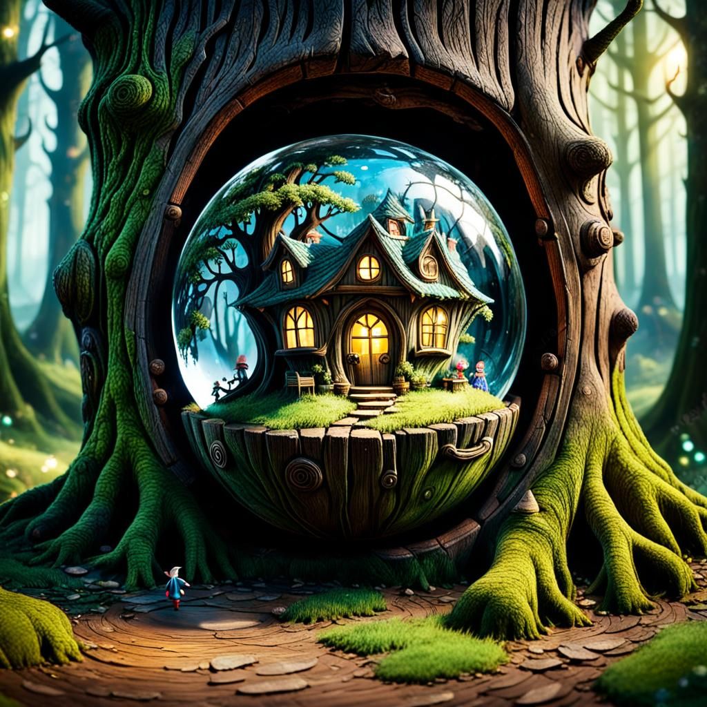 A cristal ball in the old trunk tree with a little elf inside. Behind ...