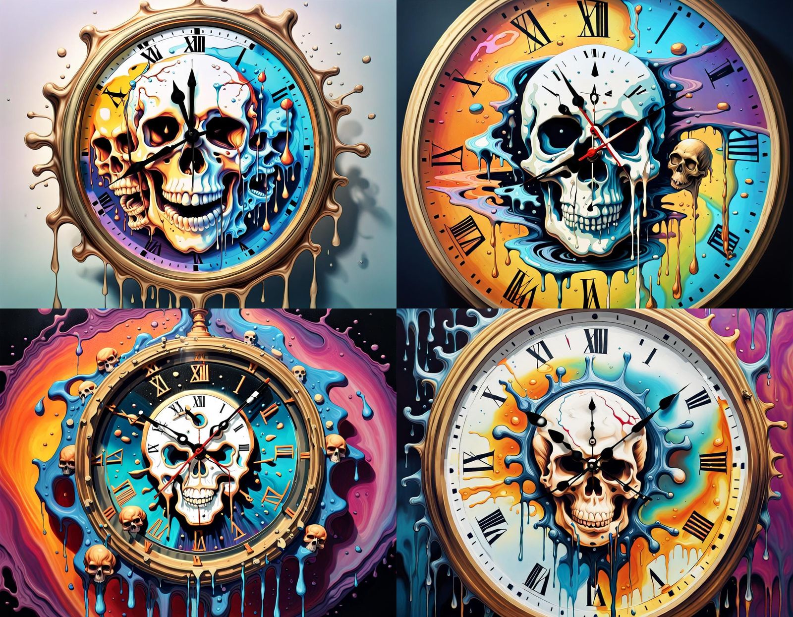 Warped clock face, time is an illusion, skulls, melting, rippling ...