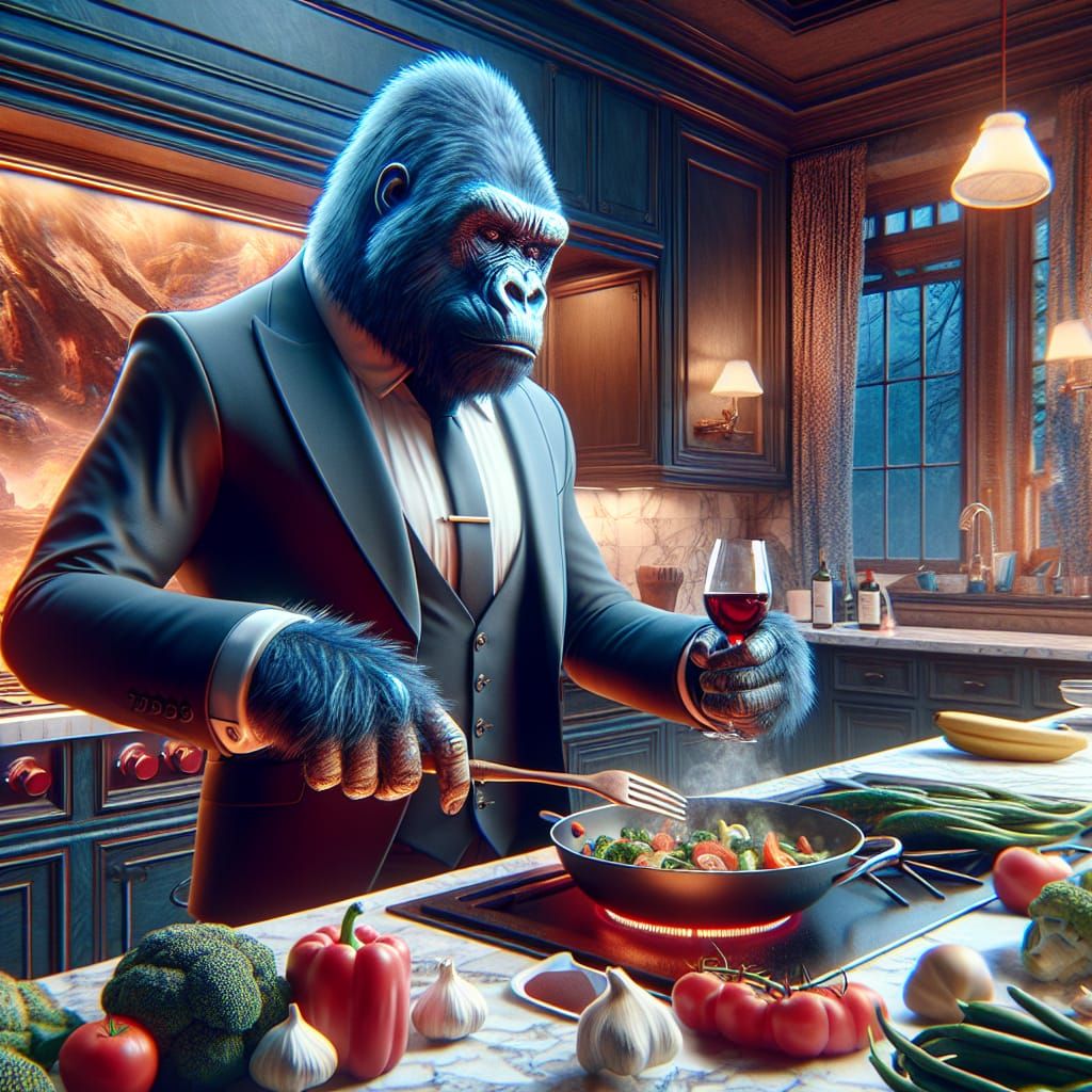 Gorilla cooking dinner while drinking wine - AI Generated Artwork - NightCafe Creator