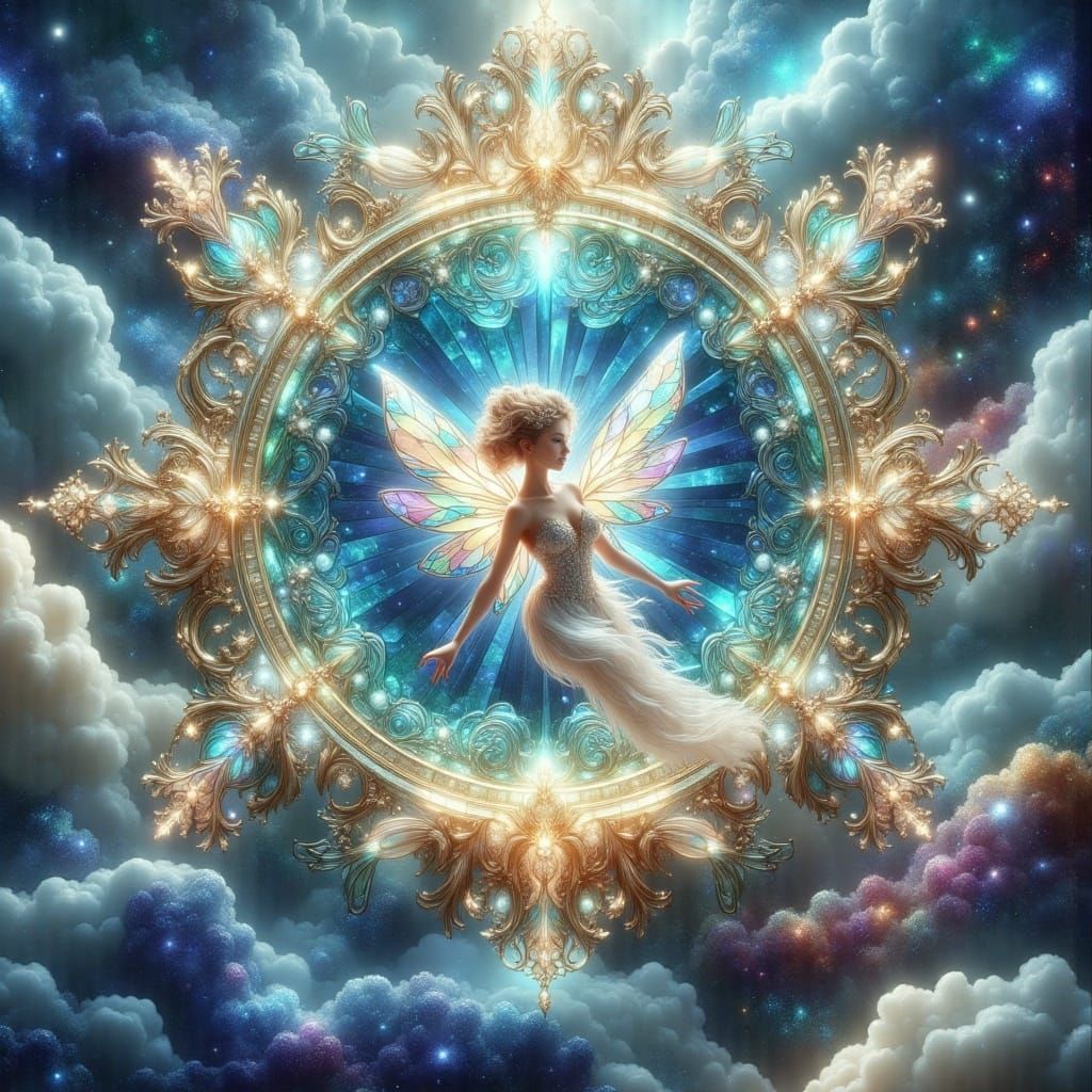 intricate glass clock, time fairy, heptagon maze, clouds Epic cinematic ...