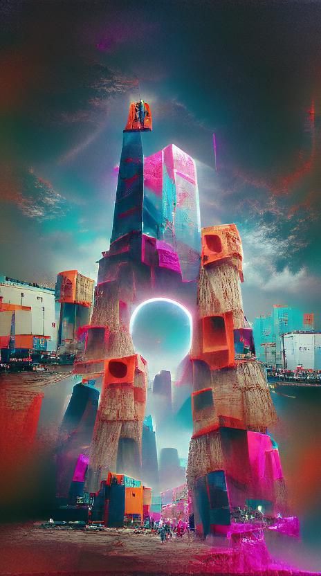 Giant Monolith growing out of the center of a helpless city beeple ...