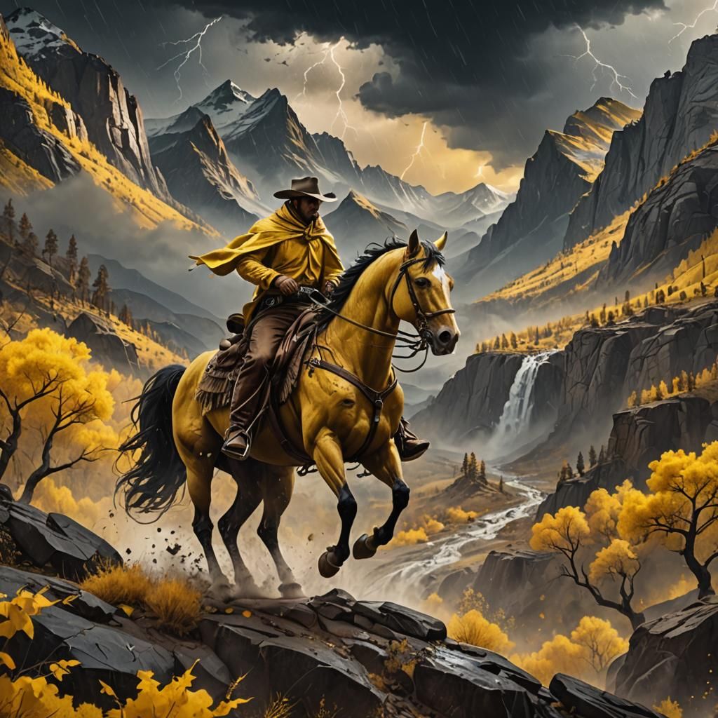 cowboy on horse in flowing yellow slicker autumn mountain storm ...