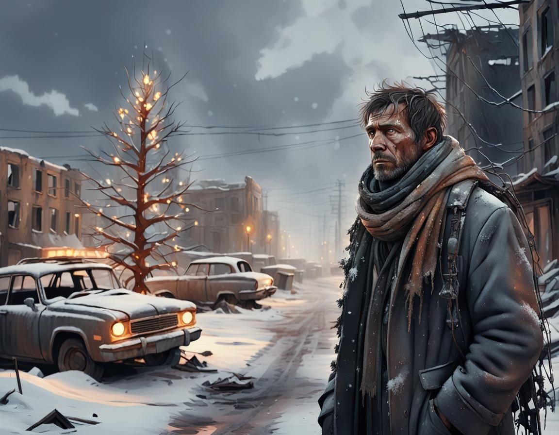 Christmas in the Apocalypse - Post-Apocalyptic Man Stands Be...