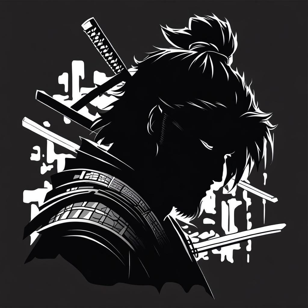 illustration, Japanese vibe, young samurai, very dark silhouette, cold ...