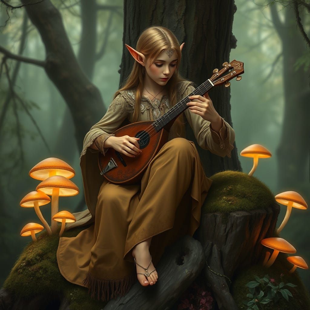 Elegant Elven Bard in Whimsical Forest Glade - AI Art