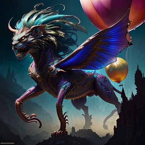 Manticore and balloons flying around magic castle - AI Generated ...