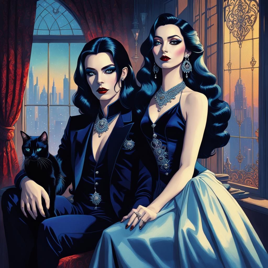 Vamp couple and their cats. 1 - AI Generated Artwork - NightCafe Creator