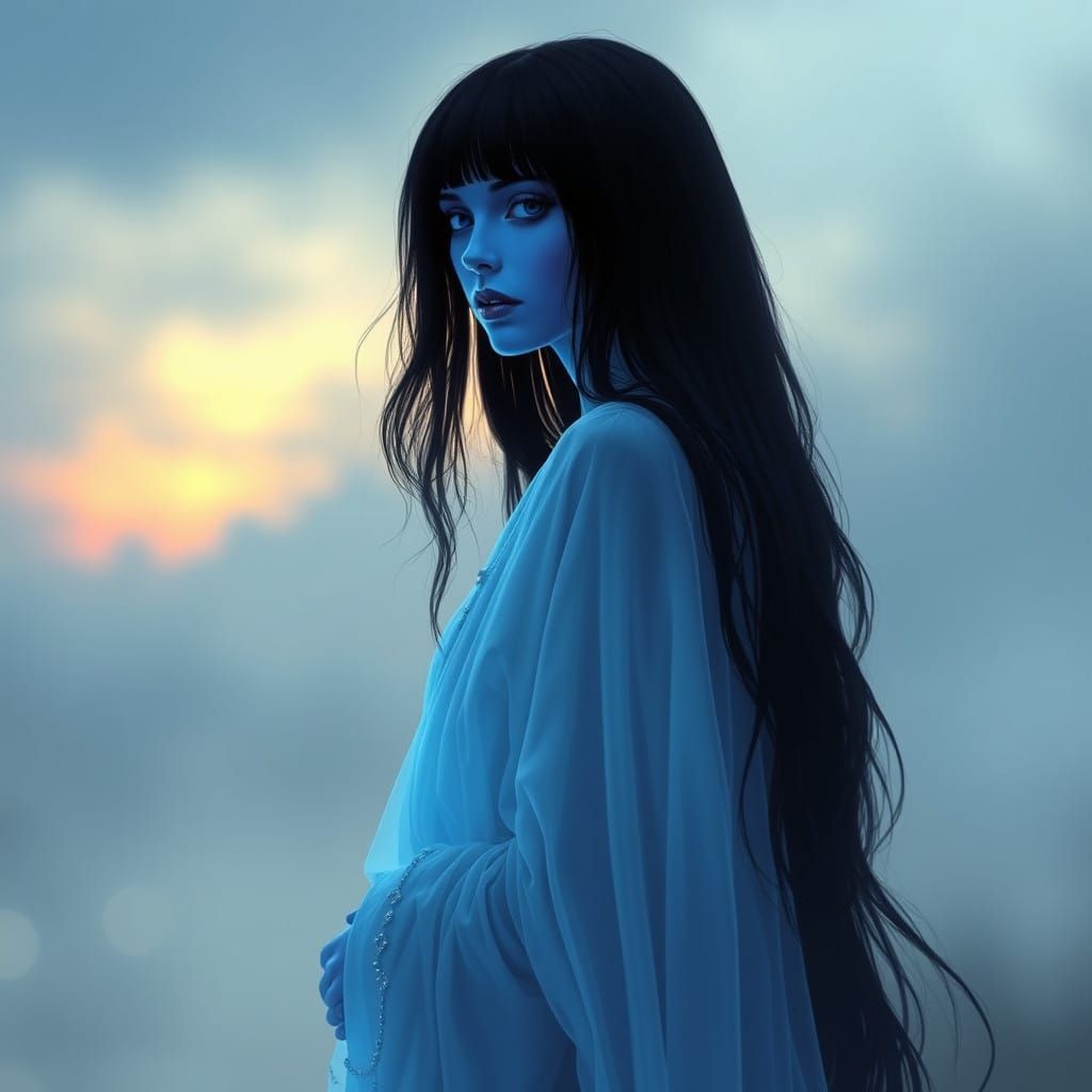 Ethereal Goddess in Electric Blue Skin, Shimmering... - AI Art