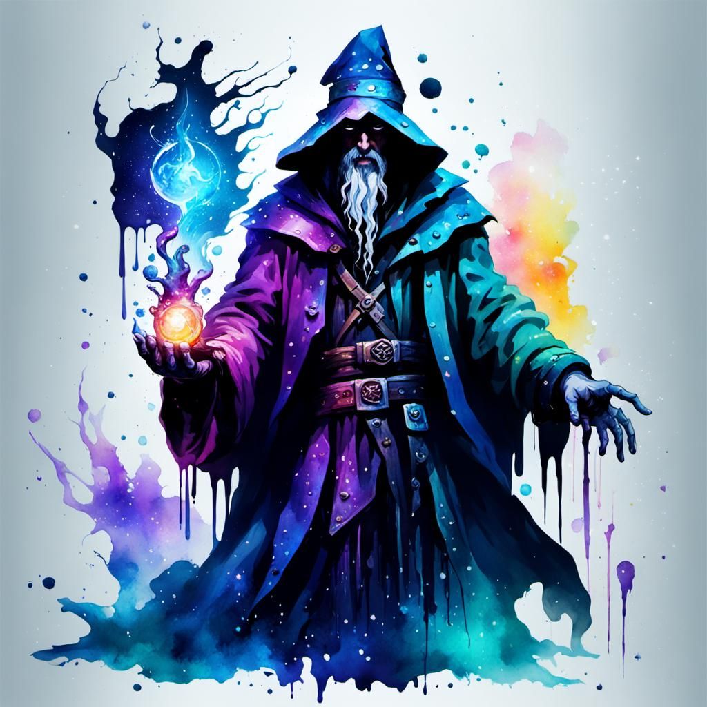 watercolorr grimdark wizard with particle magic. 2d, splatter, drips ...