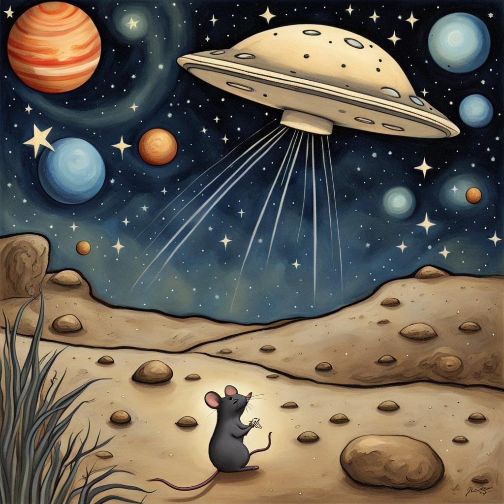 Postcard of Mouse with a UFO, planets, moons, nebulas at starry night ...