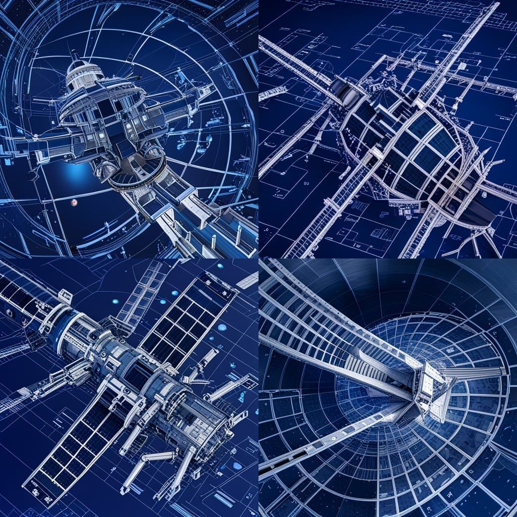 "a 2D insanely detailed blueprint of a space station with measurements ...