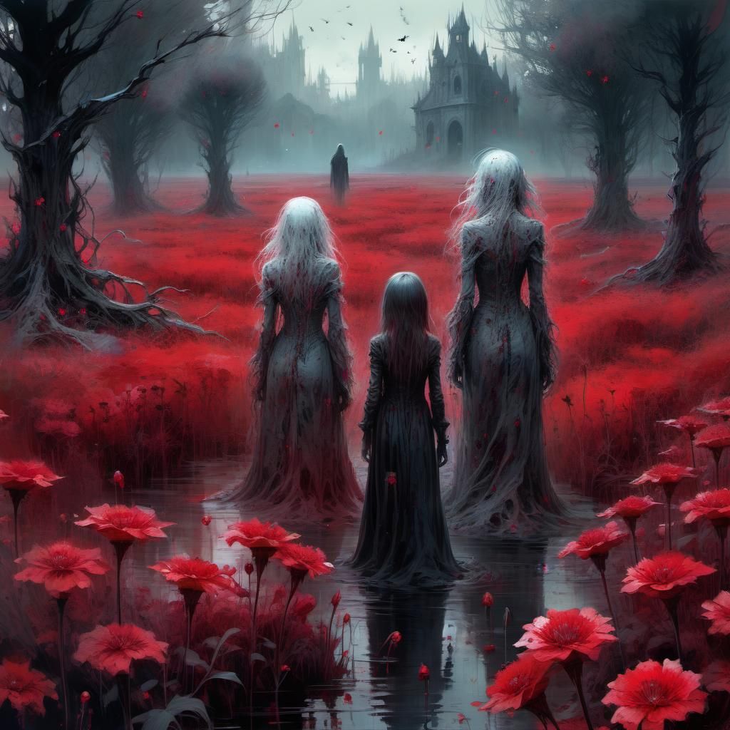 Ghostly, spectral people standing in a field of red flowers, digital ...