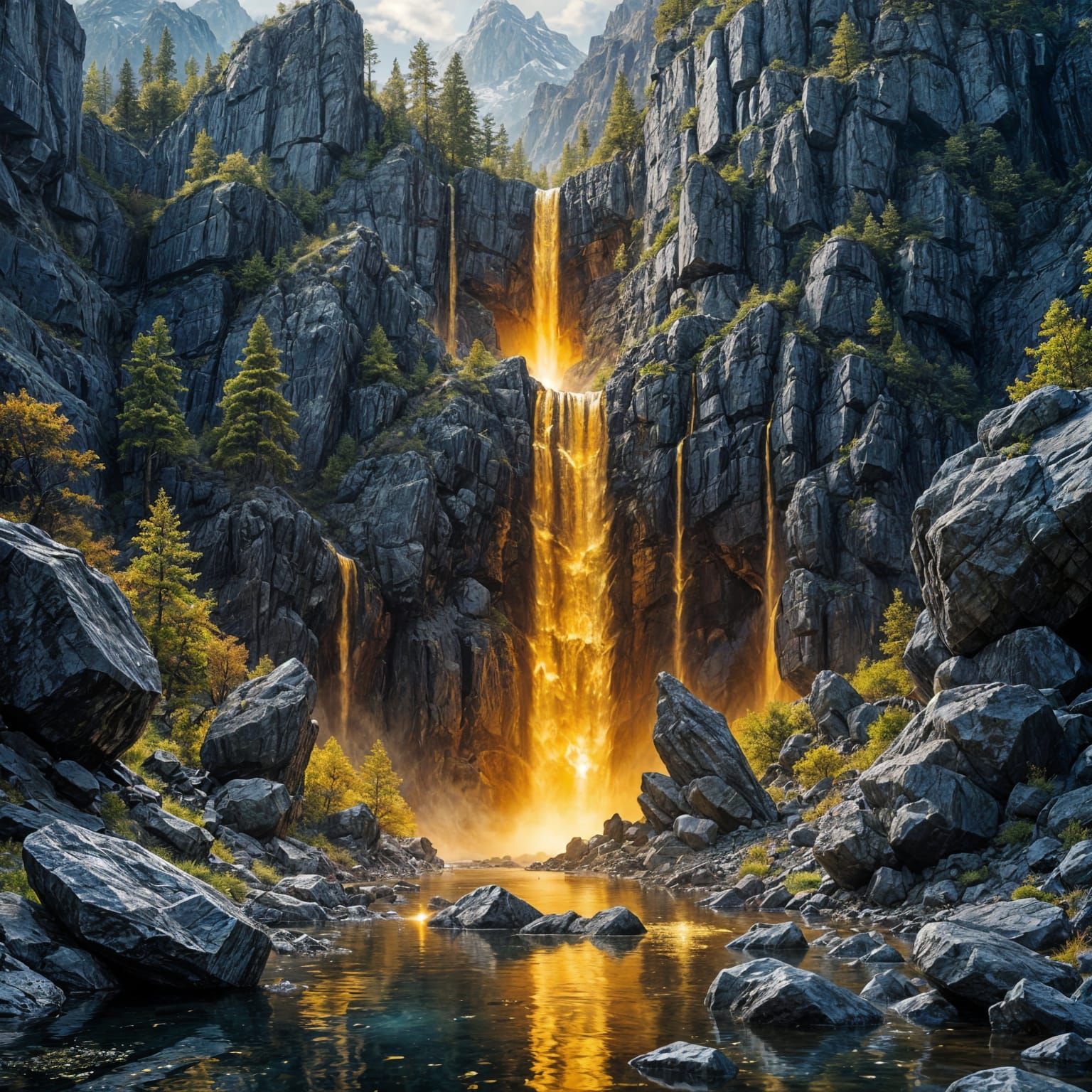 A waterfall descends from an obsidian face of a monolithic structure in ...