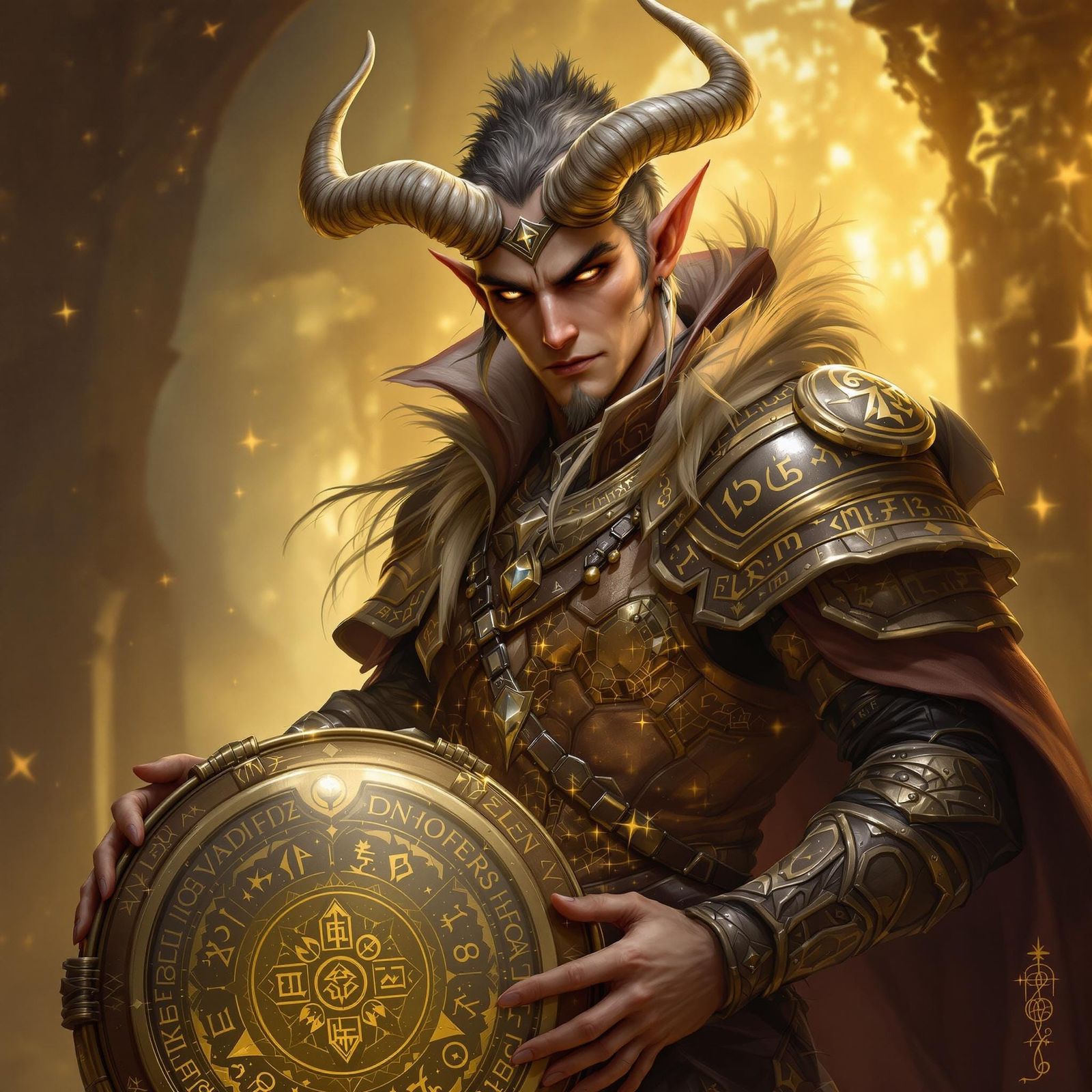 Male Tiefling Bard, medium-length black hair, blue skin, silver eyes, short antler-like horns ...