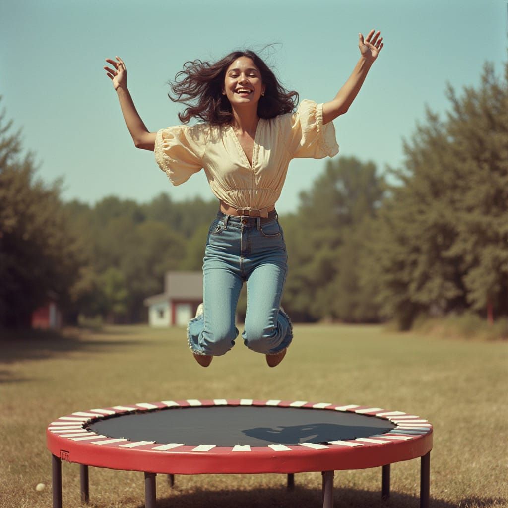 Mid-1970s detailed color image of girl in mid-jump on trampoline.