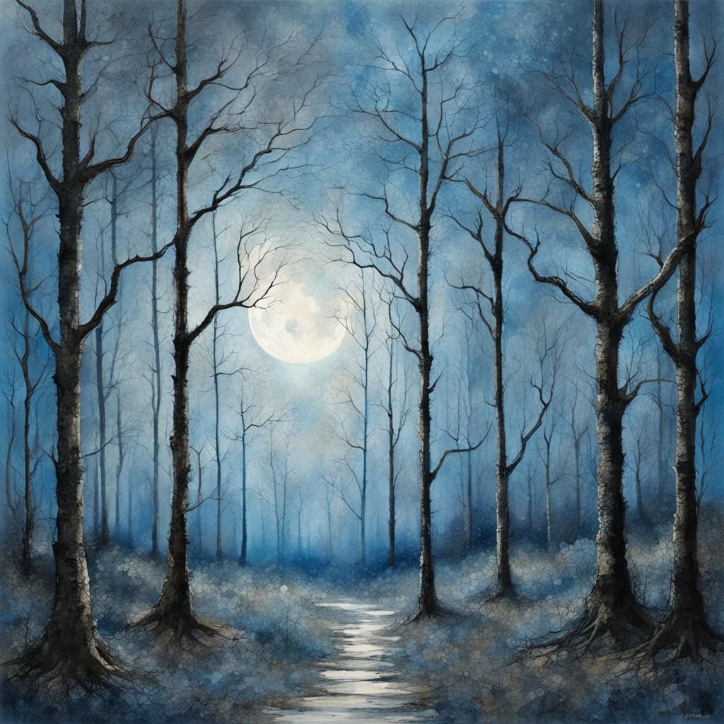 Whimsical Blue Moonscape in Art Brut Style - AI Art
