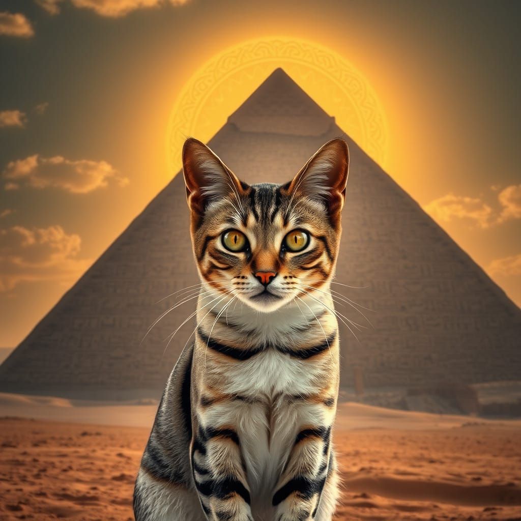 An Egyptian Abyssinian cat in front of a pyramid with a large ornate ...