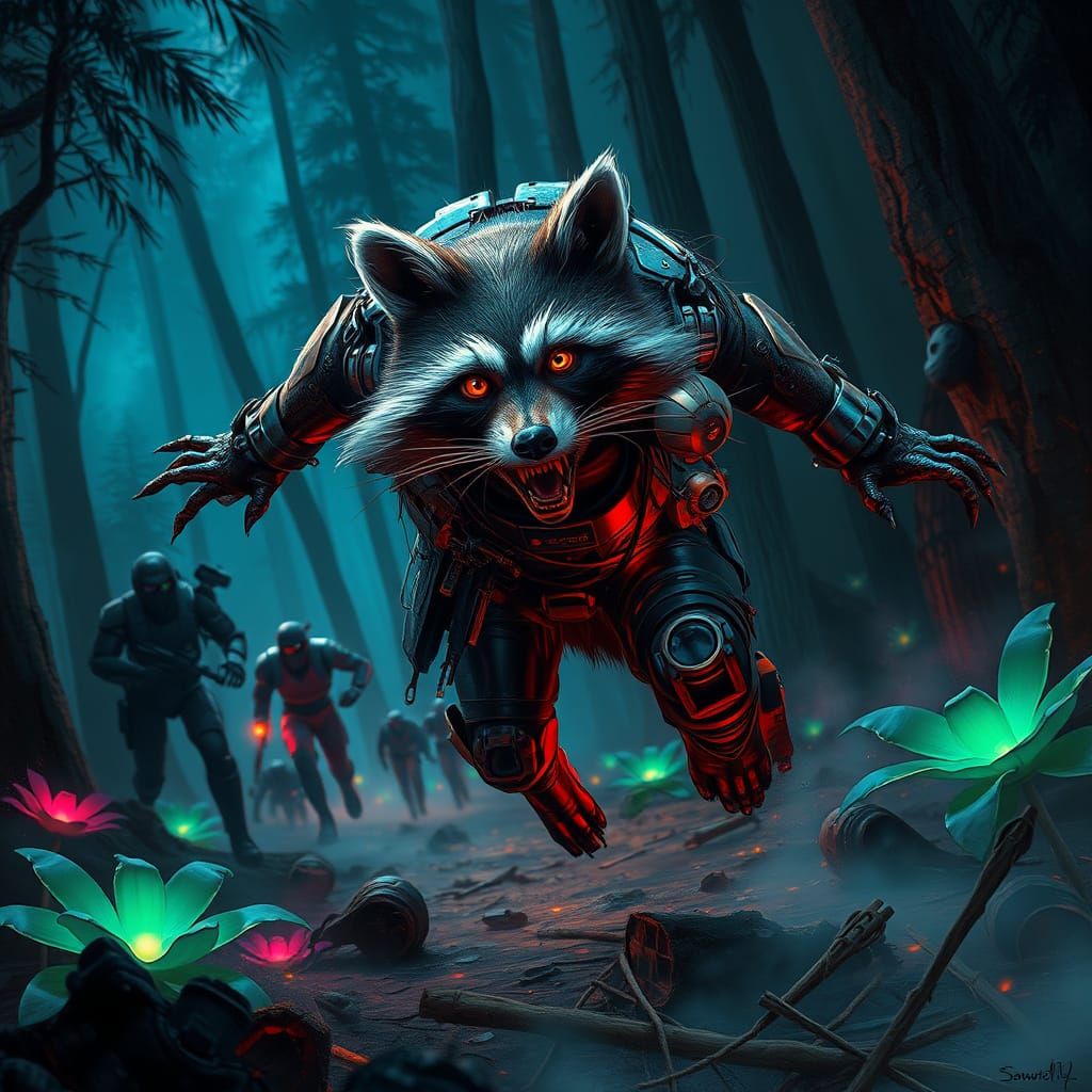 Cyber-Were-Raccoon Battles Space Mercenaries in a ... - AI Art