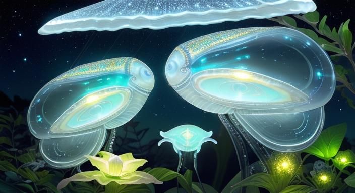 (transparent:1.5) glass snail shell filled with (bioluminescent:2 ...