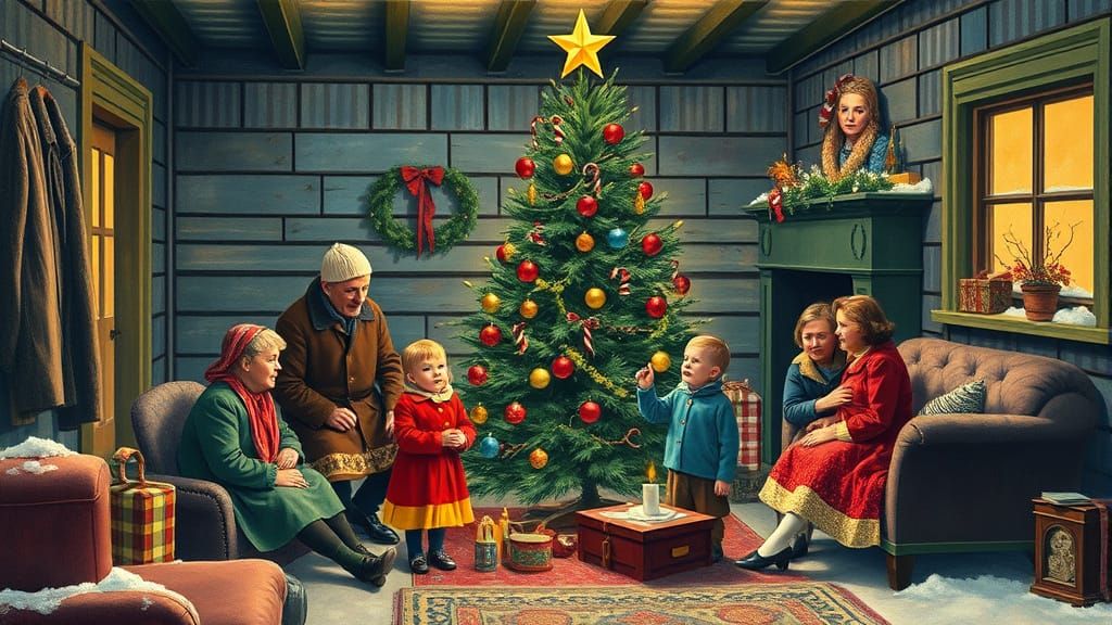 family Christmas in World War Two— in the style of David Hockney
