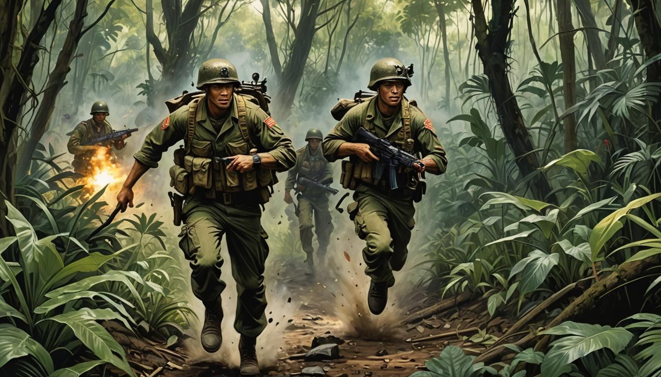 (Usa American soldier Running Through The Jungle:1.5) / (weapons firing ...