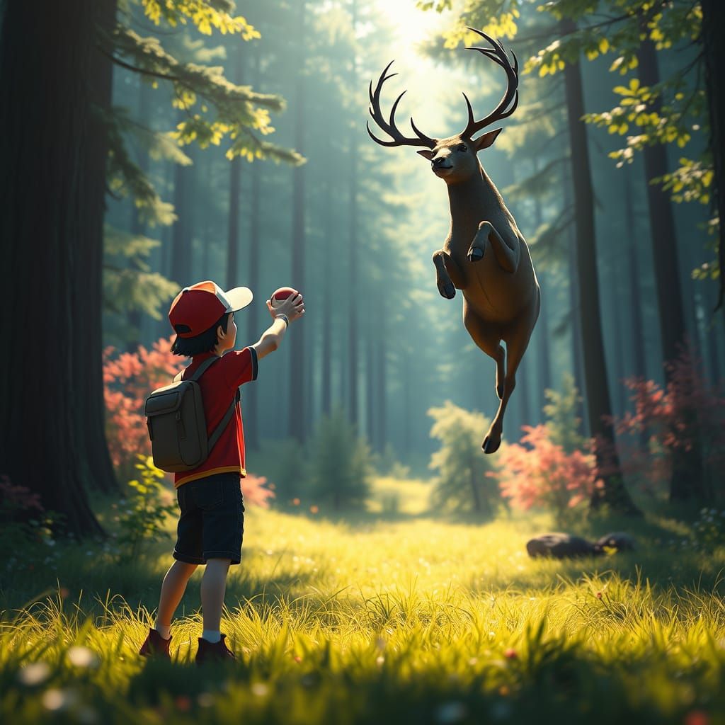 Ash Ketchum Throws a Pokeball in a Vibrant Forest ... - AI Art