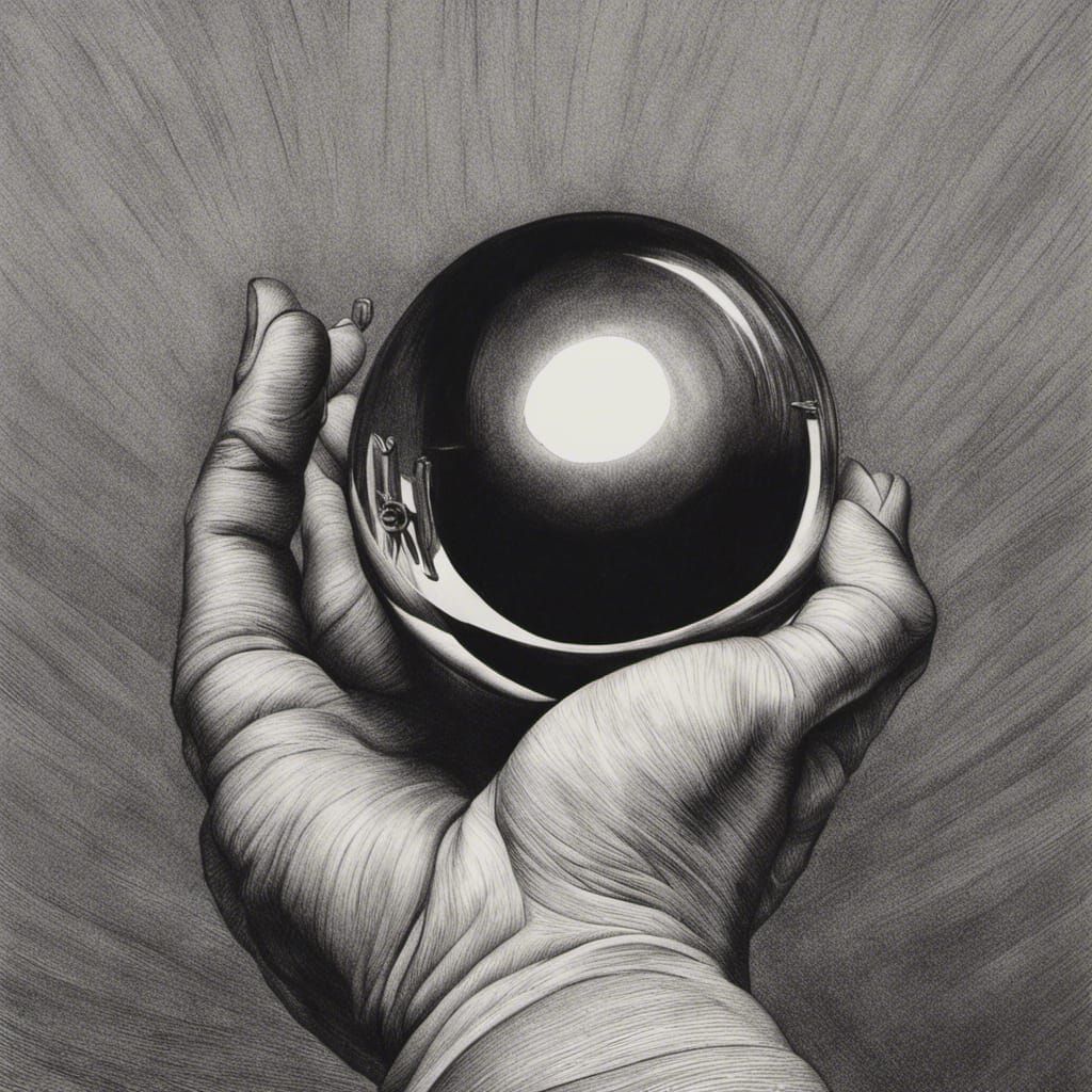 a drawing of a hand holding a mirror ball, pessimism, close-up studio ...