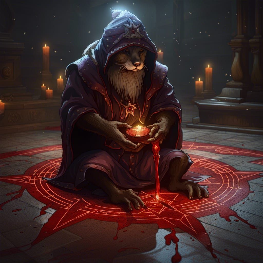 An Otter Wizard drawing a bloody pentagram on the floor. - AI Generated ...