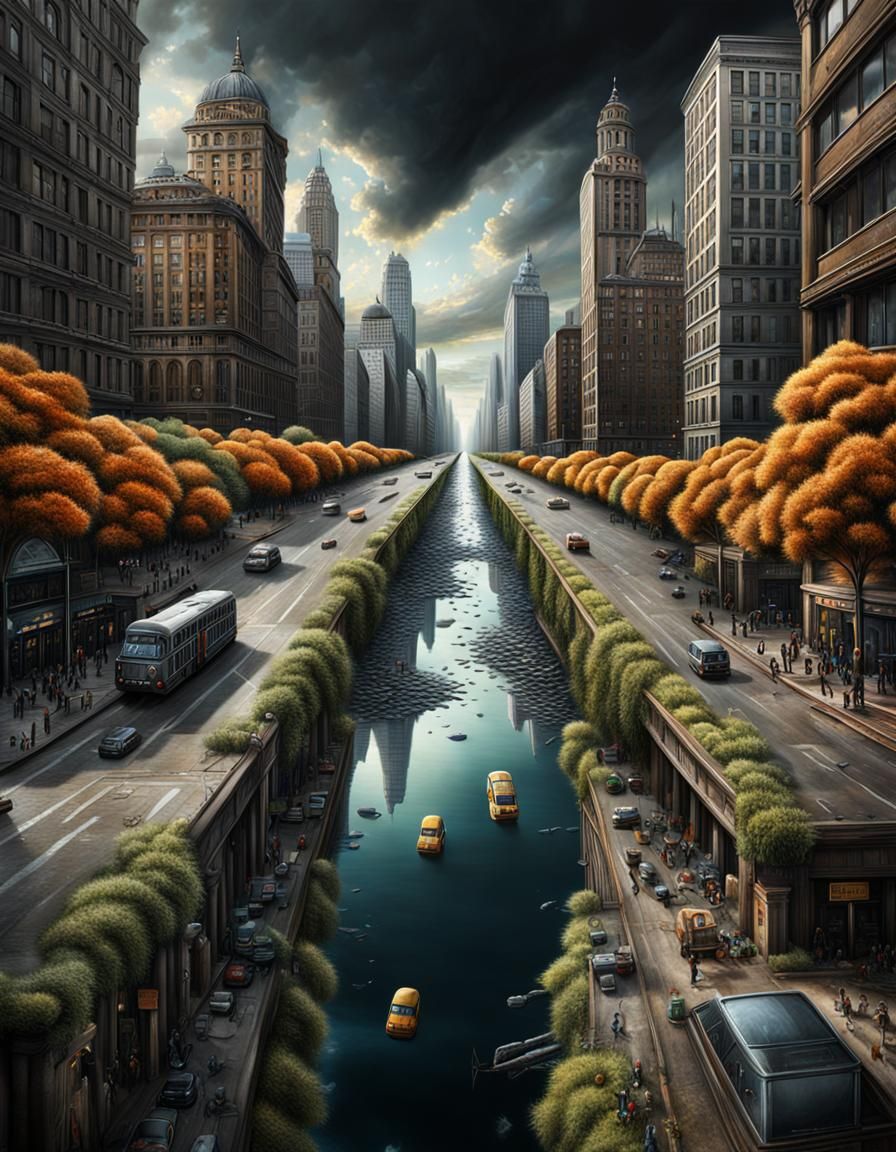 surrealist painting of the division of nature vs. city of two realities ...