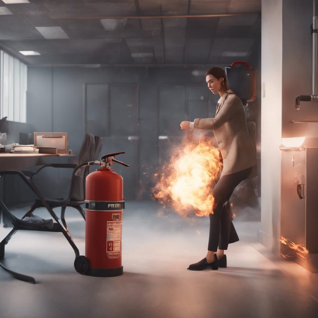 woman in an office setting. She is holding and using a fire ...