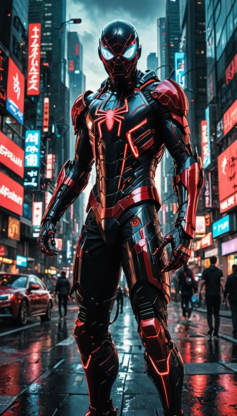 A Hi-Tech glowing cybernetic cyberpunk style red black(Hi-Tech armour ...