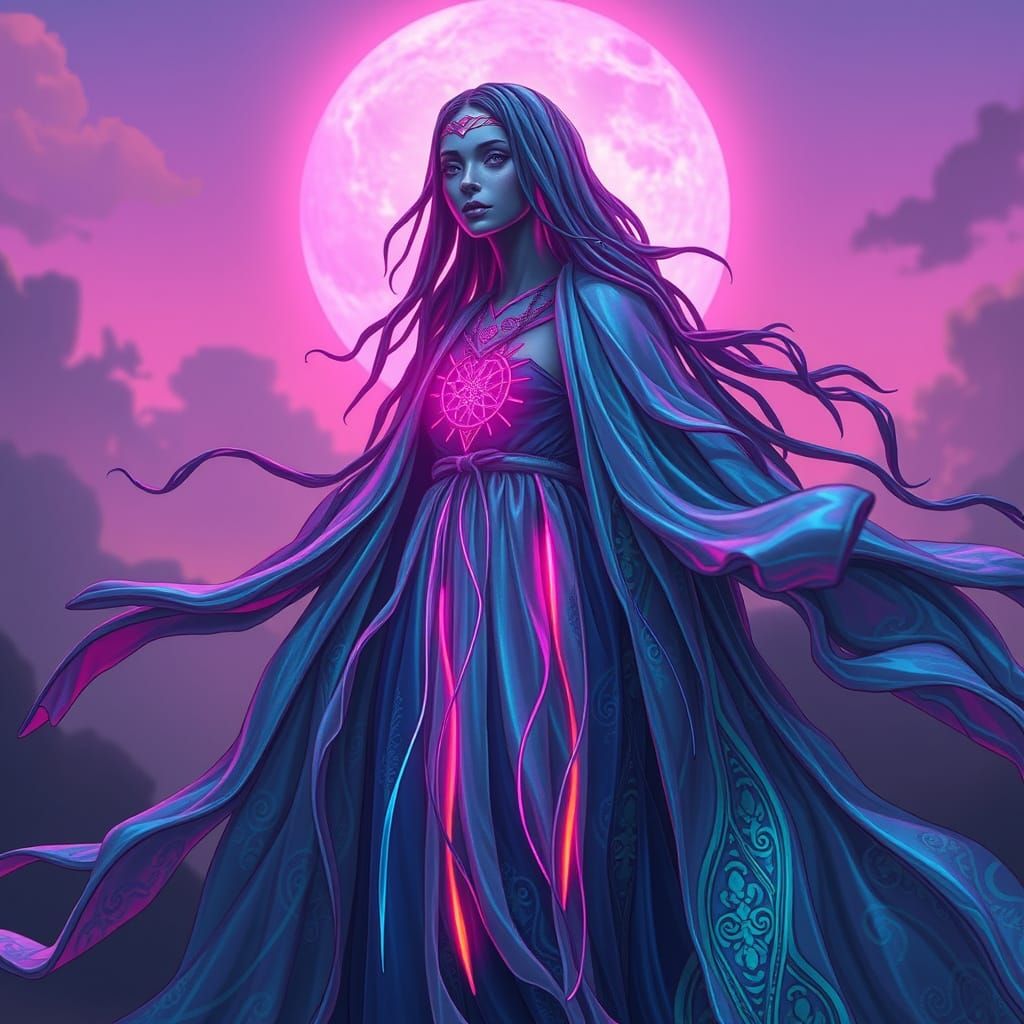 High Priestess in flowing, iridescent robe