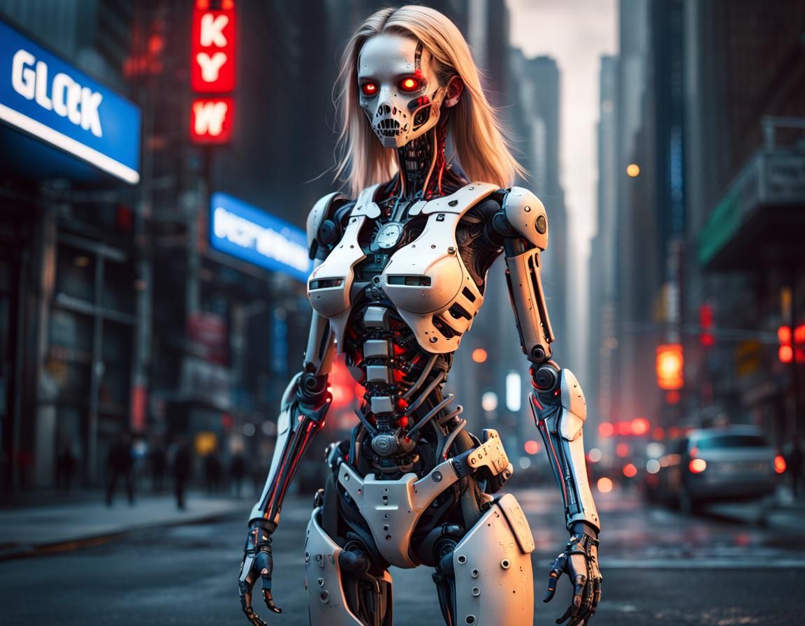 Ultra realistic cute female cyborg endoskeleton light long wild blonde ...