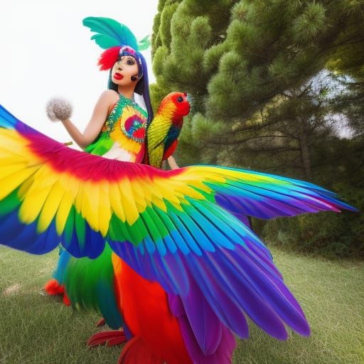 Anthropomorphic parrot, colourful bird, beautiful feathers flapping ...