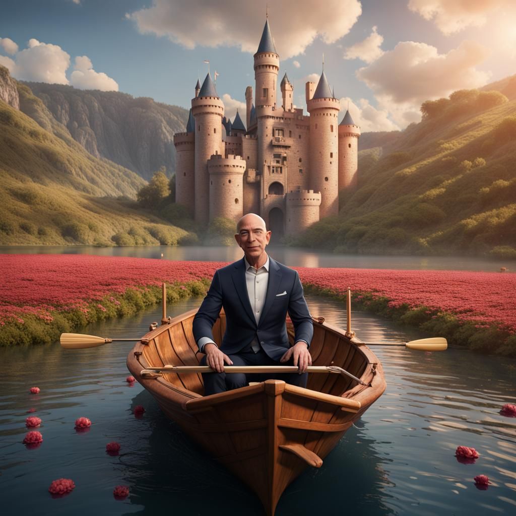jeff bezos eating cheese in a boat with a castle in the background in a ...