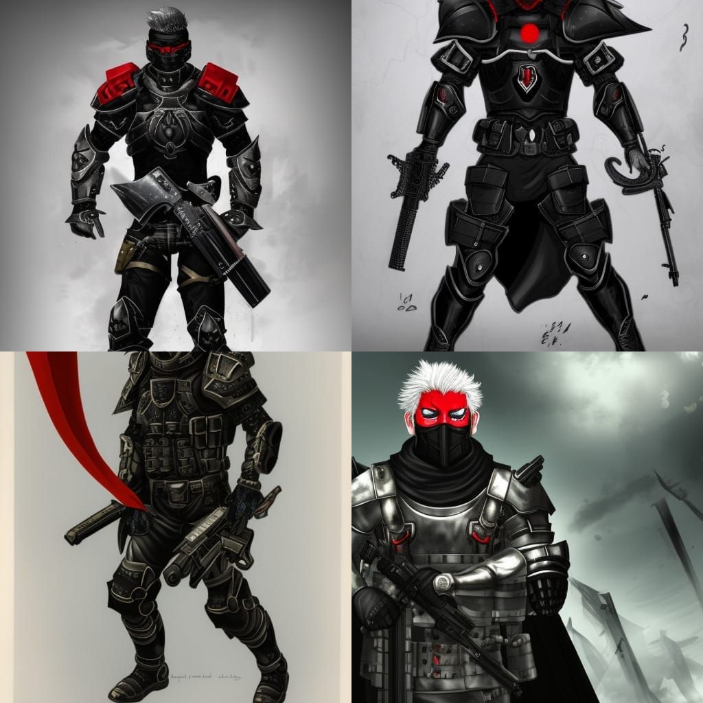 Male mercenary in black tactical combat armor with white hair with red ...