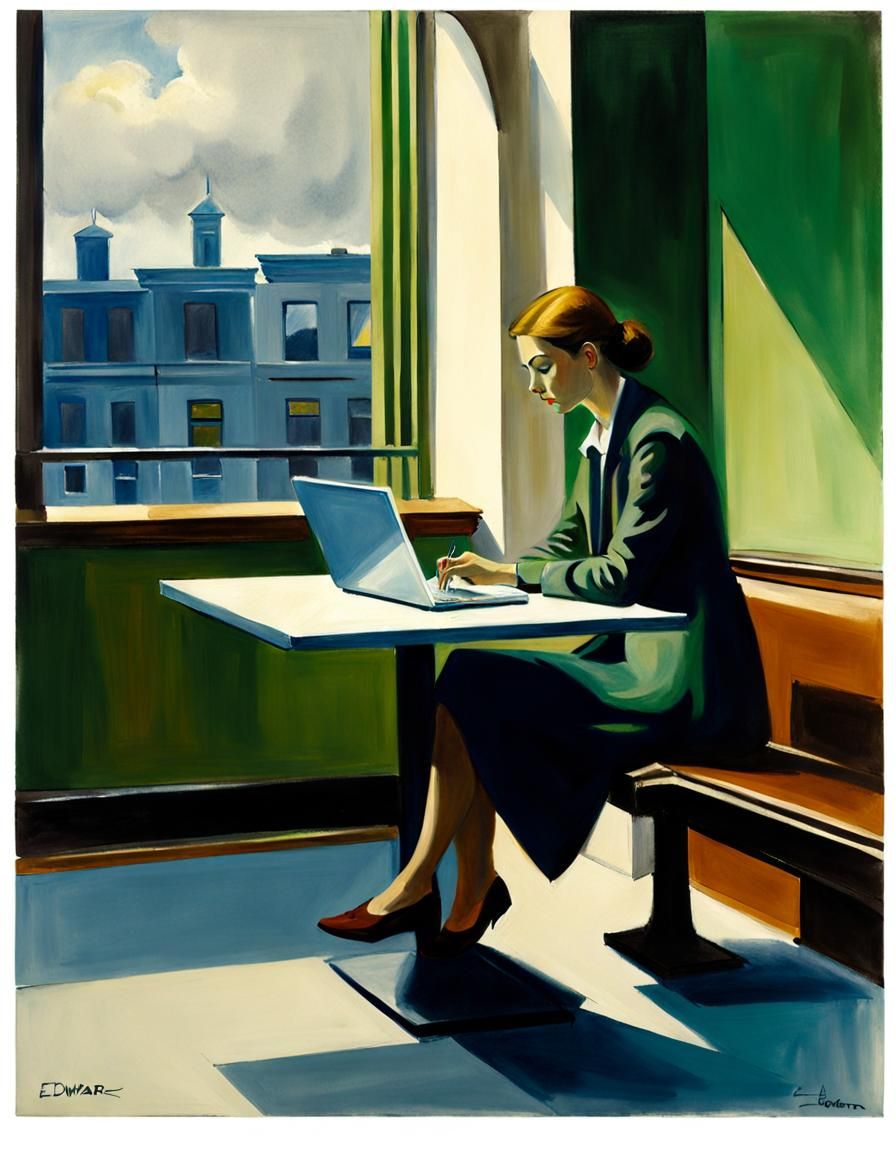 Young woman with white laptop in empty caffe bar, smoky air, cloudy day, Edward Hopper painting ...