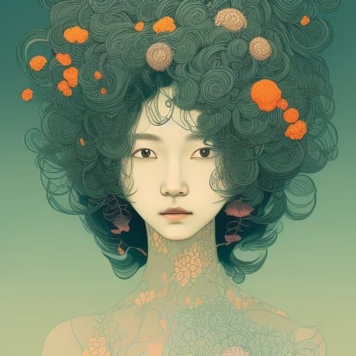 beautiful cute front portrait Korean ninfa, big long curly hair, herbs ...