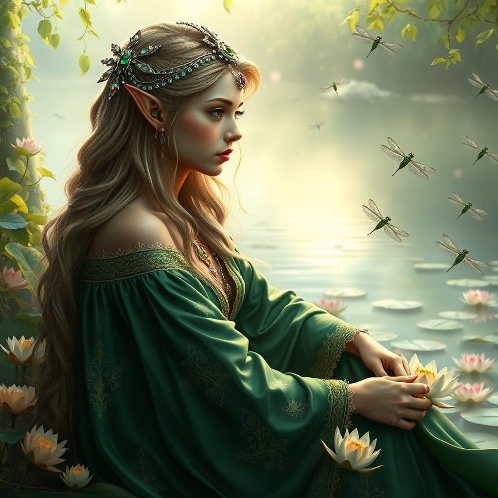 Ethereal Elven Princess by a Lakeside in Emerald B... - AI Art