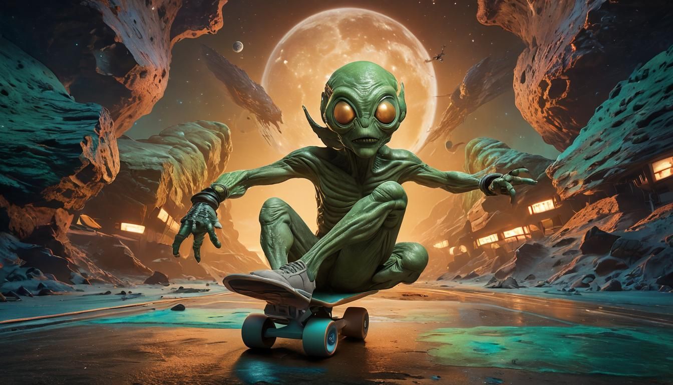 an alien ((on a skateboard:2)), using a lunar crater as its playground ...